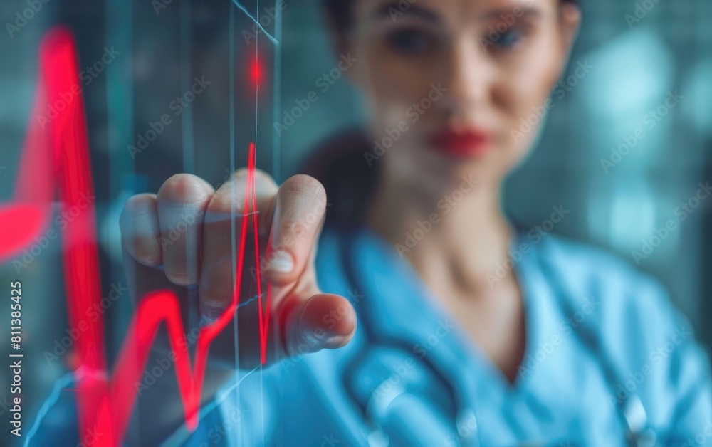 Female nurse analyzing a pulsating red EKG line on a grid background ...