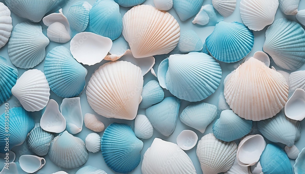 charming seashell background with lovely light blue color shells Stock ...