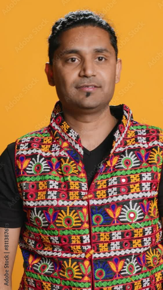 Vertical video Portrait of narcissistic cheerful indian man celebrating ...