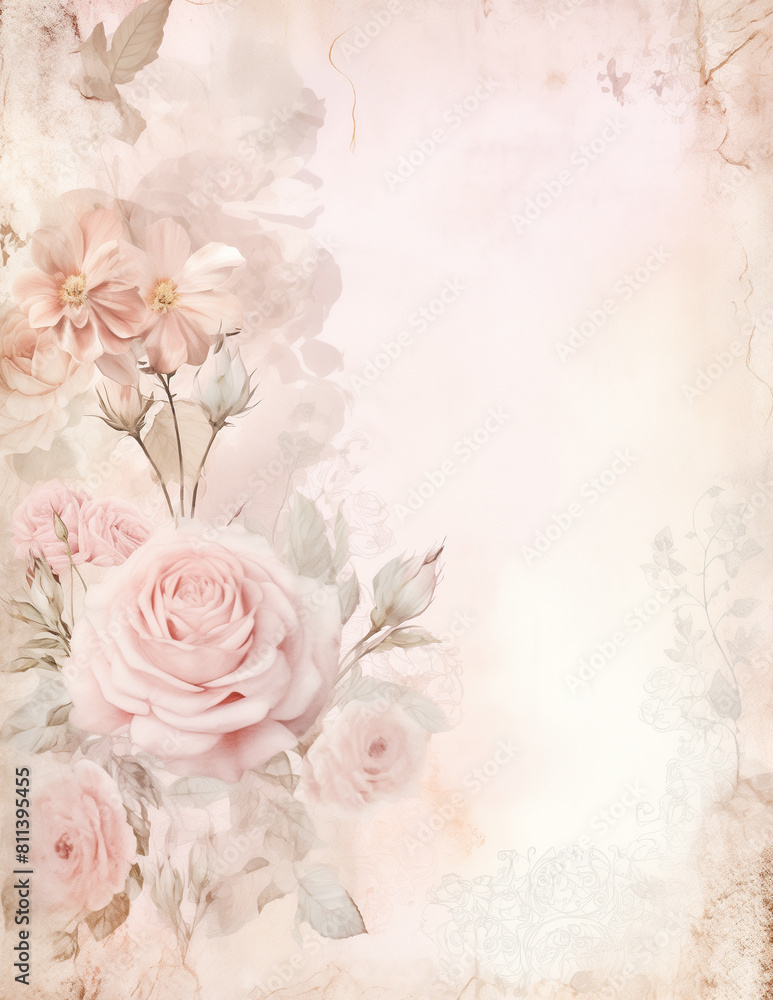 Vintage background with pink roses. Junk journal floral page ...