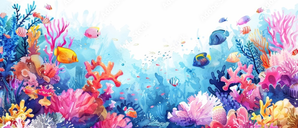Cute watercolor of a bustling coral reef, alive with colorful fish and ...