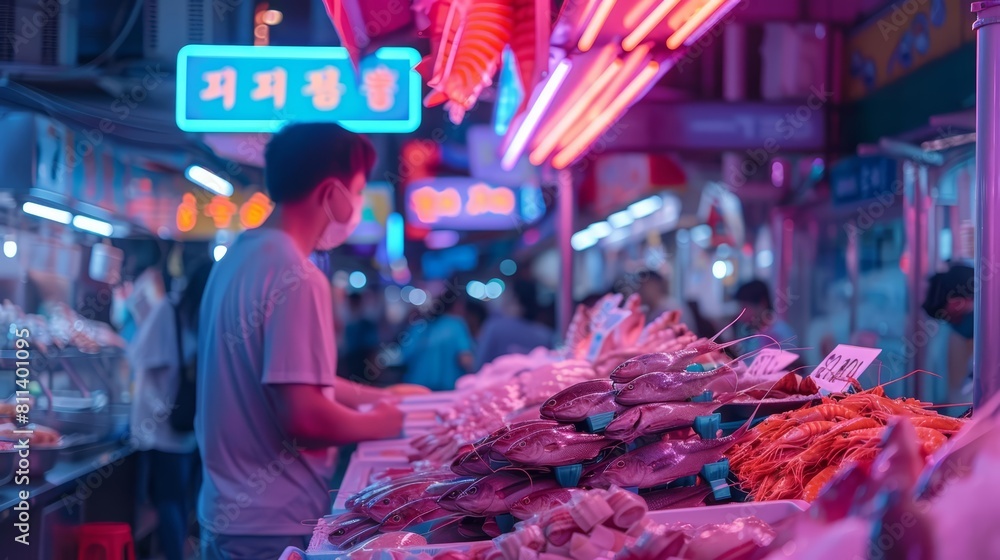 Futuristic Neon Of Seafood Displayed In A Bustling Market Scene Highlighted By Cyberpunk 80s