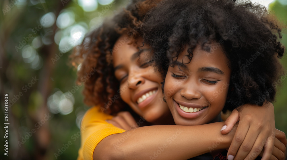 Foto de Caring African American mother hugging teenage daughter, Enjoy moment of love ...