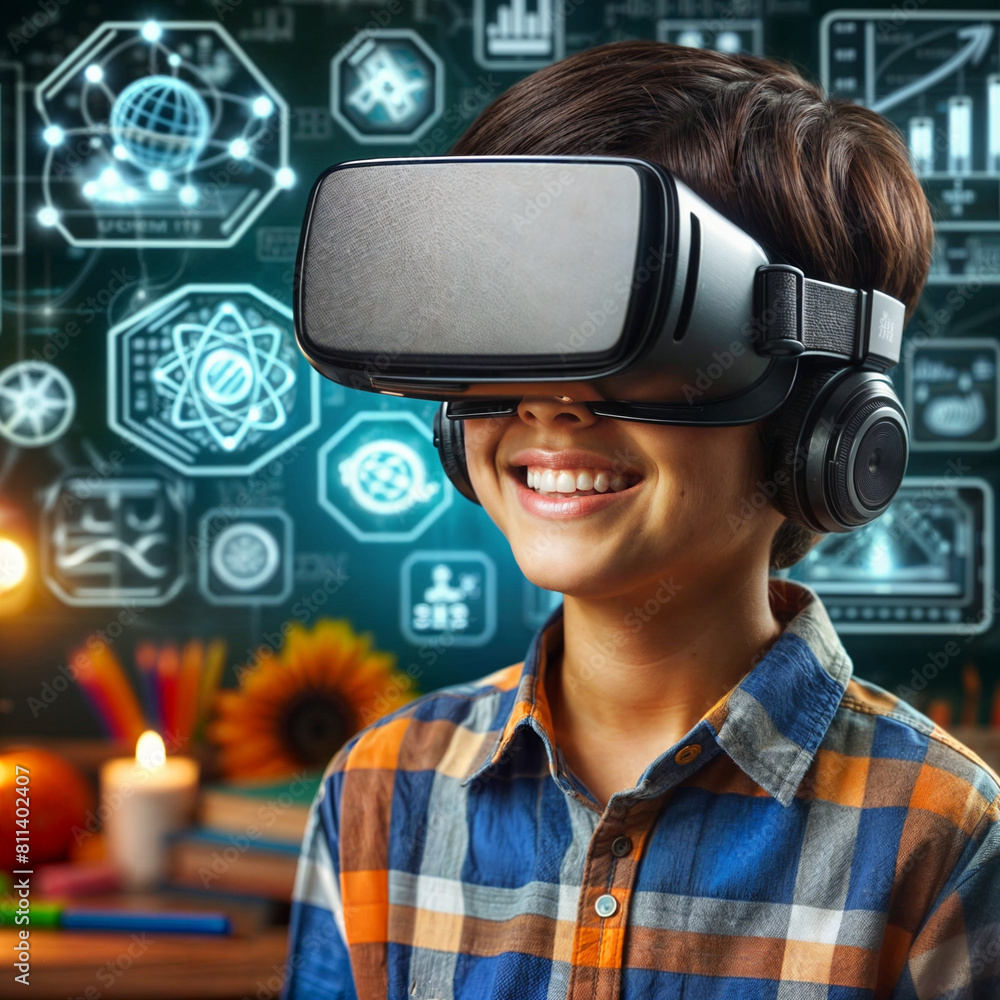 Kid wearing Virtual Reality glasses, fully immersed in virtual reality ...