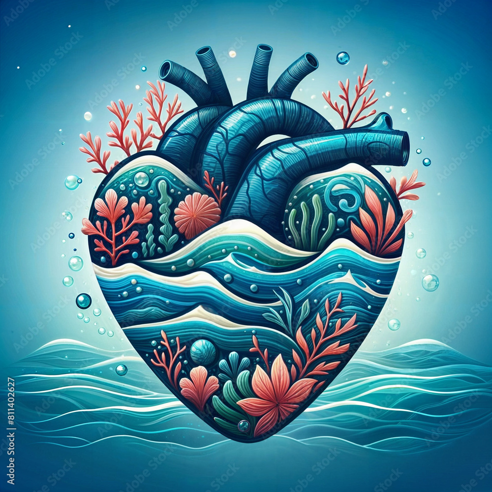 .Stylized heart illustration with blue ocean waves, corals, plants and ...