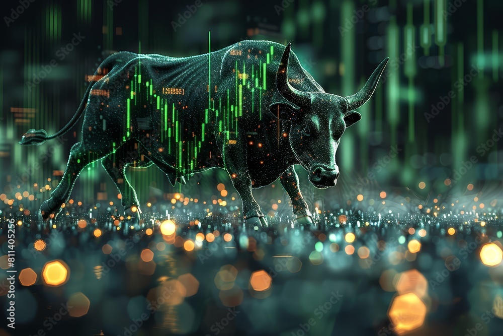 The green stock market chart is rising with an glowing bull running on ...