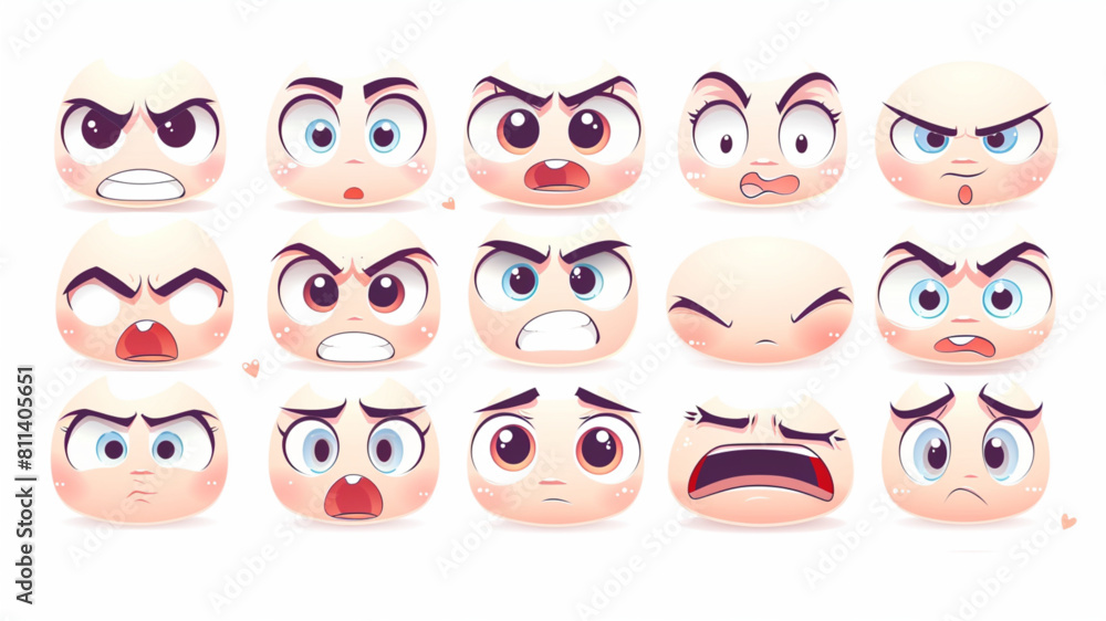 Cartoon kawaii face. Cute japanese anime character faces, eyes and ...