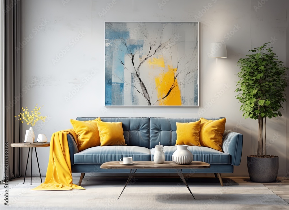 Living room with an azure couch and a painting on the wall Stock Photo ...