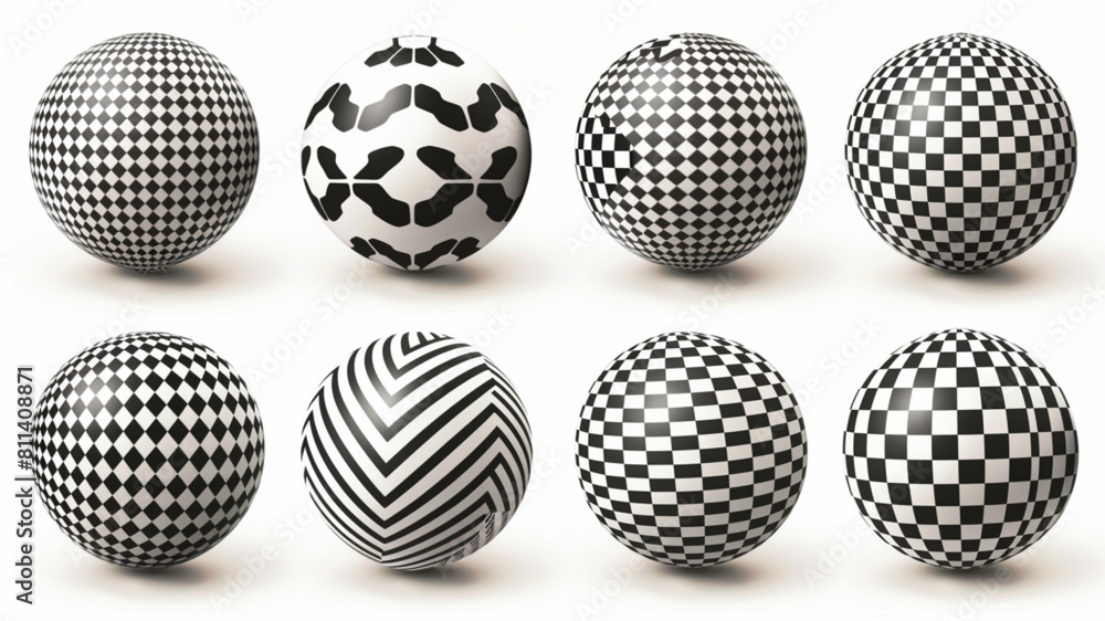Dotted halftone 3D sphere. Striped and checkered spheres with triangle ...