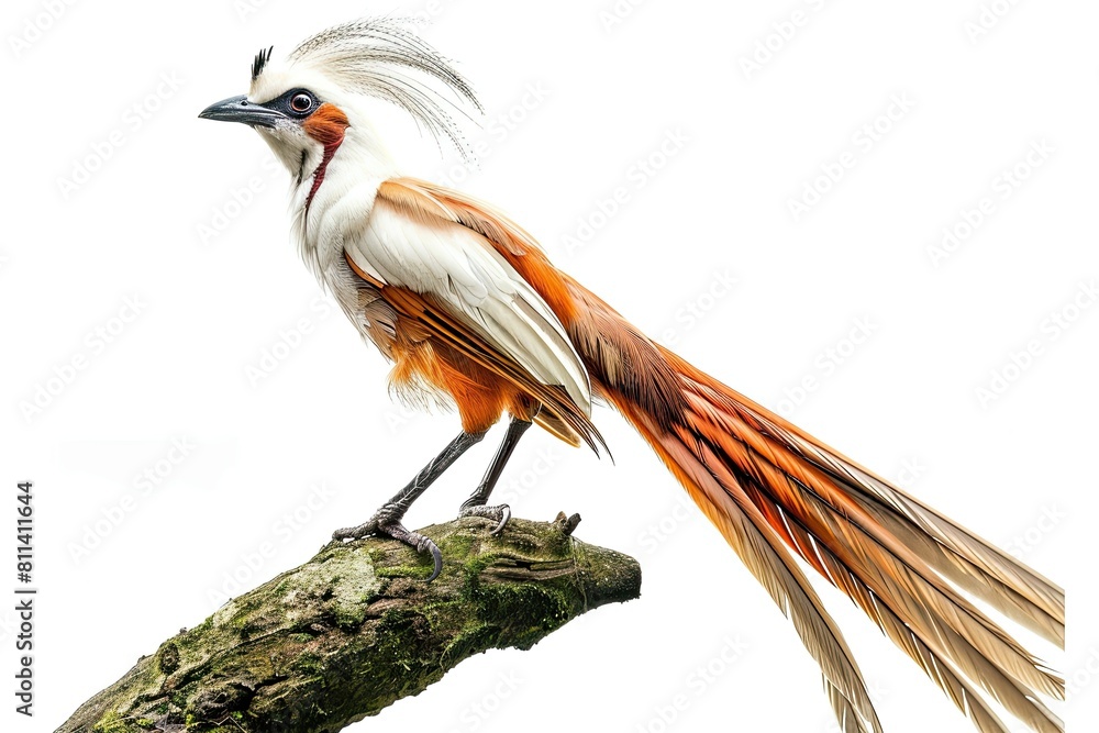 beautiful long tailed full color bird standing in branch of tree ...