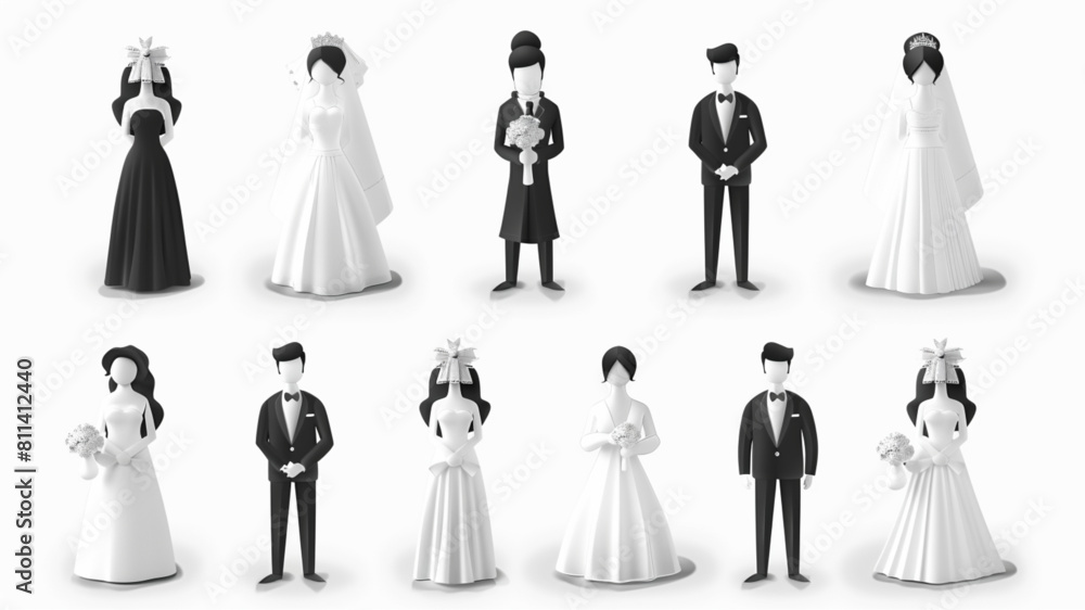 set of bride and groom collection wedding isolated, vector 3D avatars ...