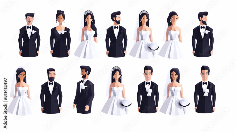 set of bride and groom collection wedding isolated, vector 3D avatars ...