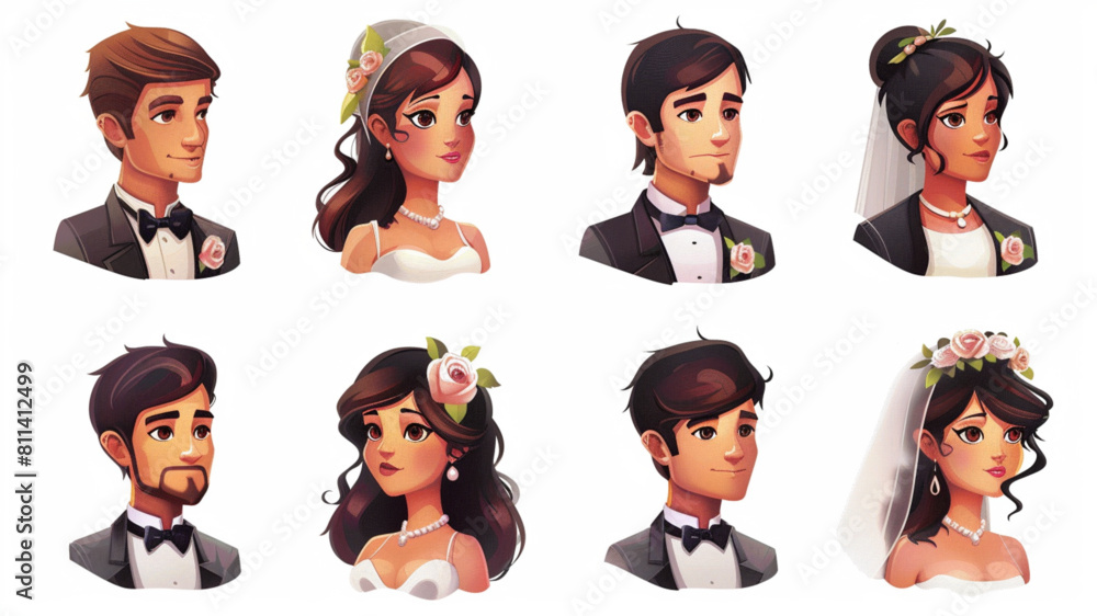 set of bride and groom collection wedding isolated, vector 3D avatars ...