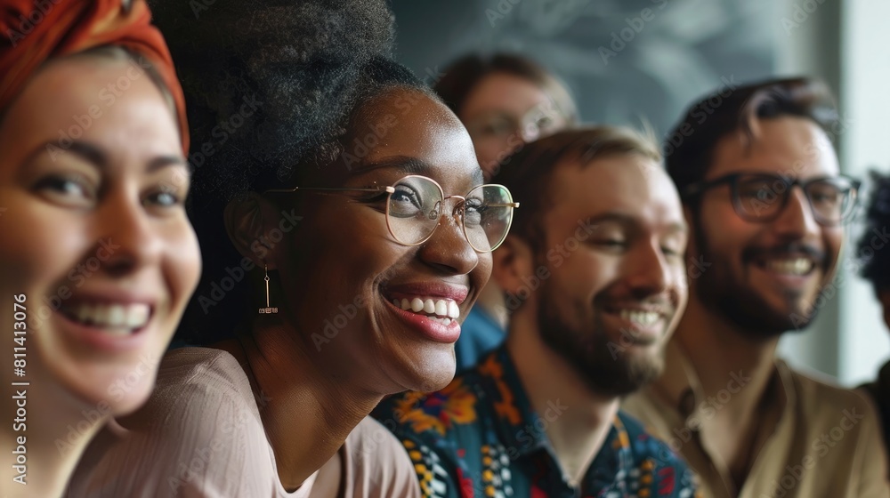 Diverse and inclusive group of office colleagues smiling at a team ...