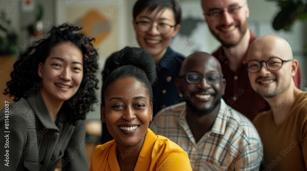 Diverse and inclusive group of office colleagues smiling at a team ...