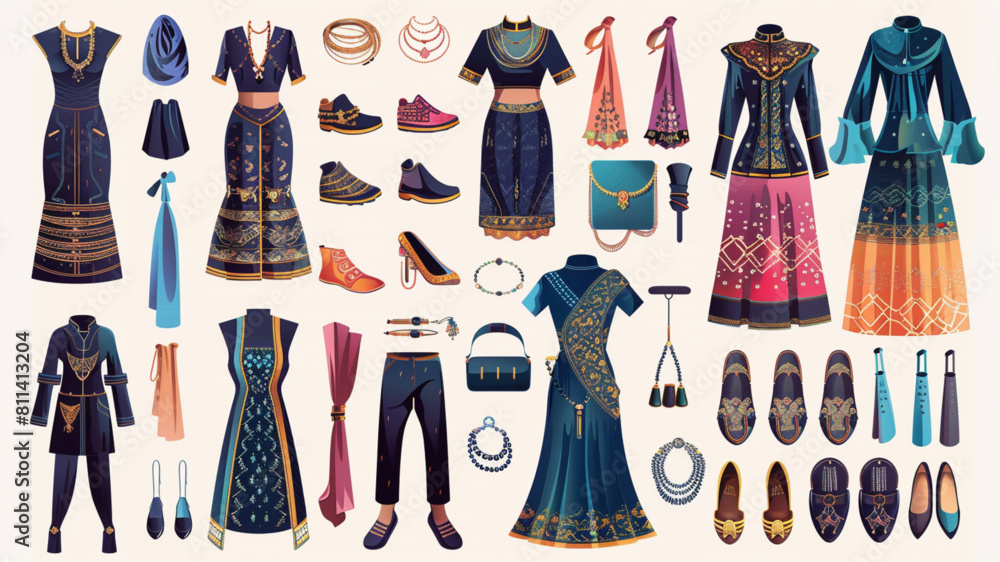 set of women's clothing and shoes, jewelry and sumak in flat style ...