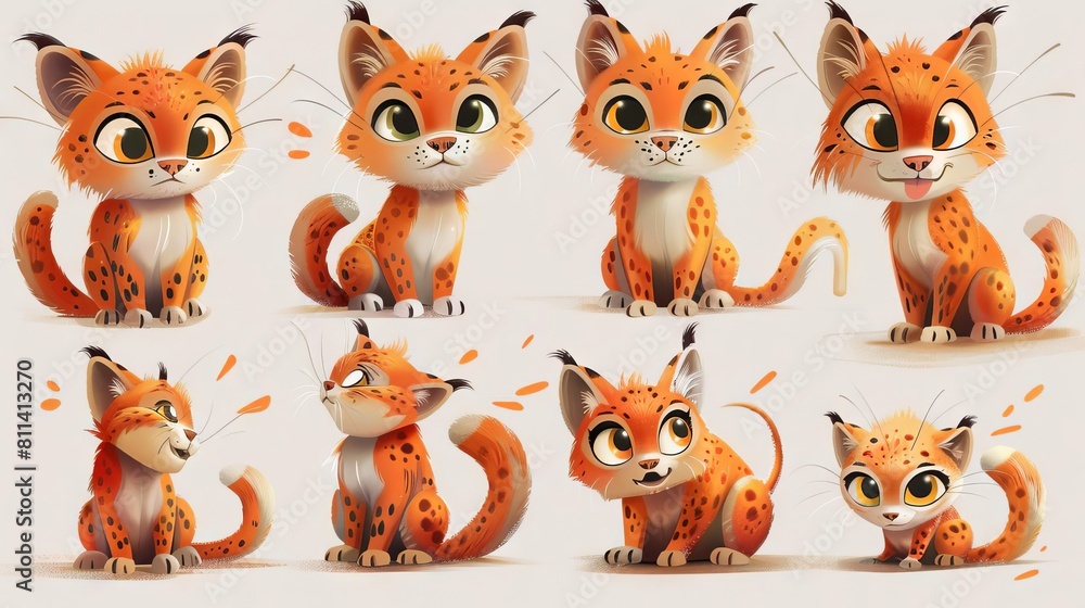 A collection of cute cartoon bobcat characters in various poses. The ...