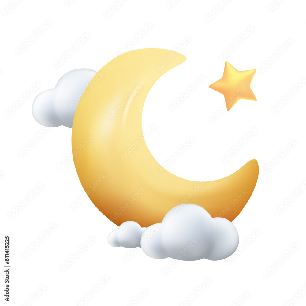 3D moon, crescent isolated icon. Realistic render of star and moon with ...