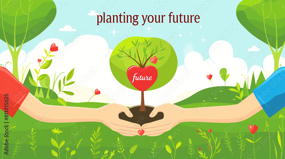 Environmental care and family poster. Hands planting a tree with heart ...