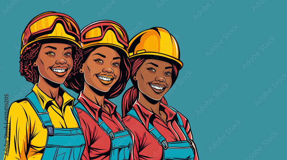vector illustration of three smiling Black women construction workers ...