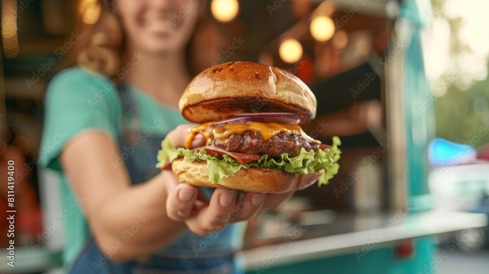 Woman hand grabbing for a burger at food truck. Closeup of food truck ...
