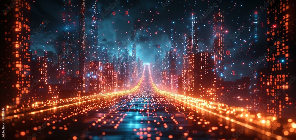 Abstract highway path through digital binary towers in city. 3D ...
