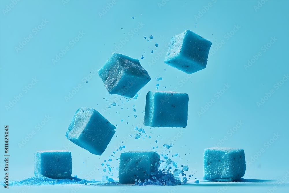 A pile of blue sugar cubes that have been thrown into the air. The ...