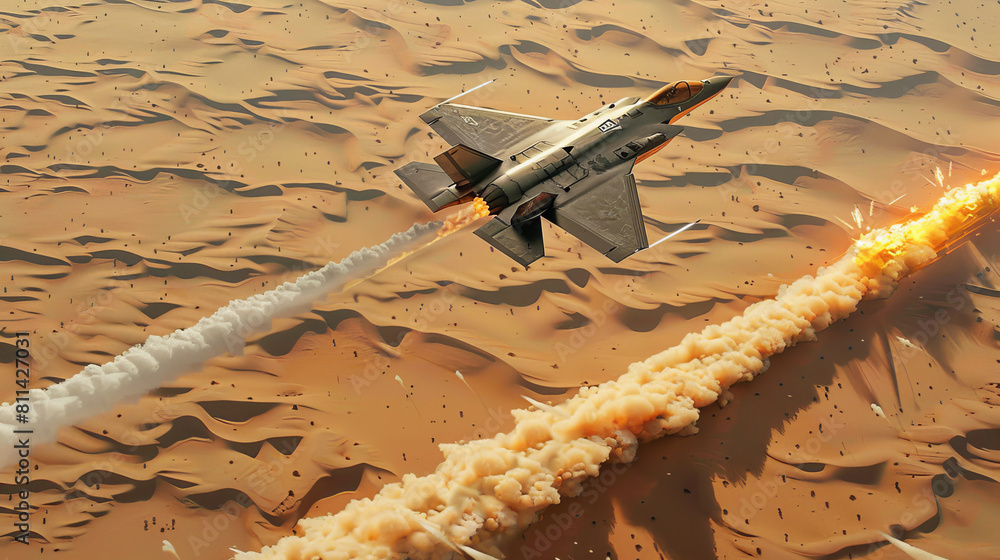 Advanced Fighter Jet Deploying Flares During Desert Flight Maneuver ...