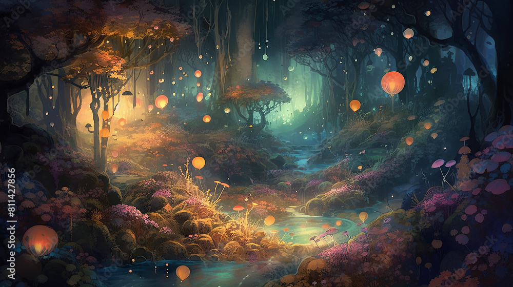 A bewitching anime style illustration of a hidden forest sanctuary ...