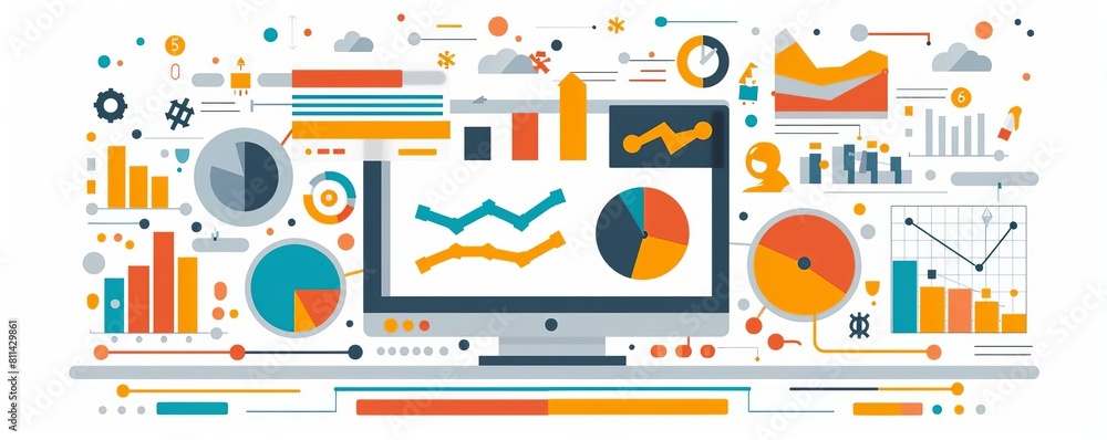 Business analytics flat design side view data analysis theme water ...