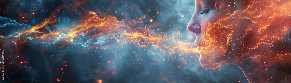 dynamic illustration of a scene where human emotions are visualized as colorful auras expanding ...