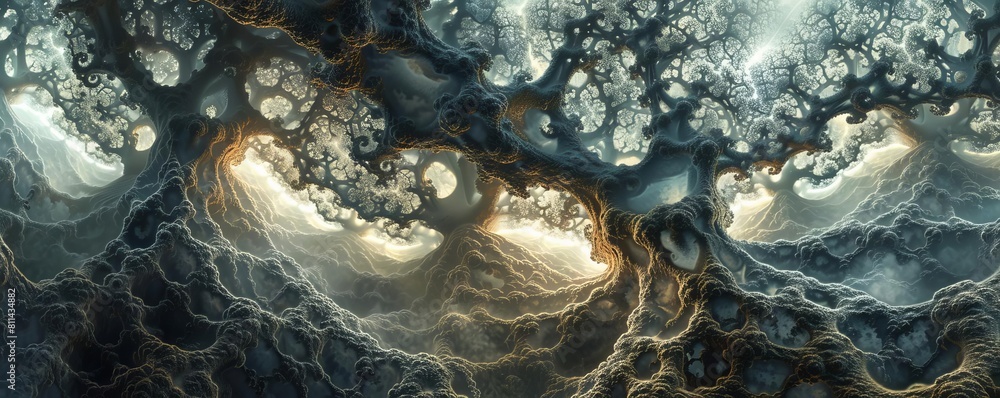 surreal digital artwork of a forest, with trees that have roots and ...