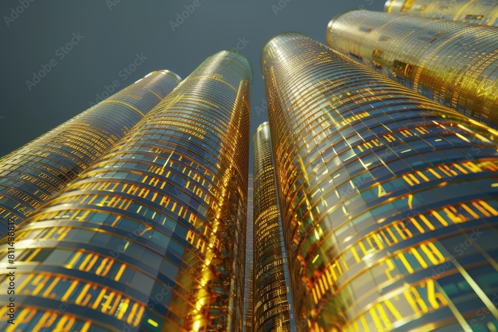 Big piles of gold coin stacked up arrange to form like tall tower or ...