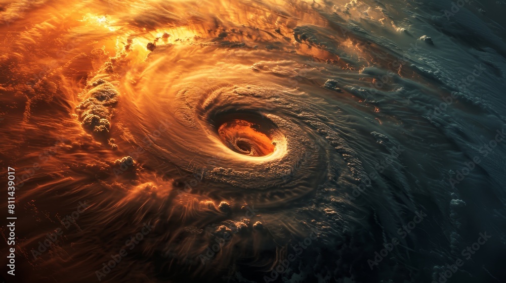 Brightly lit close-up of Hurricane Florence, emphasizing the spiraling ...