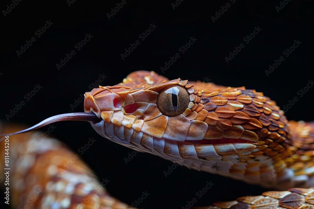 venomous viper snake head with forked tongue and striking pose on black closeup wildlife photo ...
