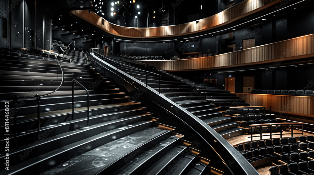 "Black curved staircase offers a top-down view of a concert hall stage ...