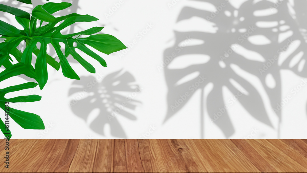 Aesthetic Wooden Table with realistic tropical leaves shadow overlay ...