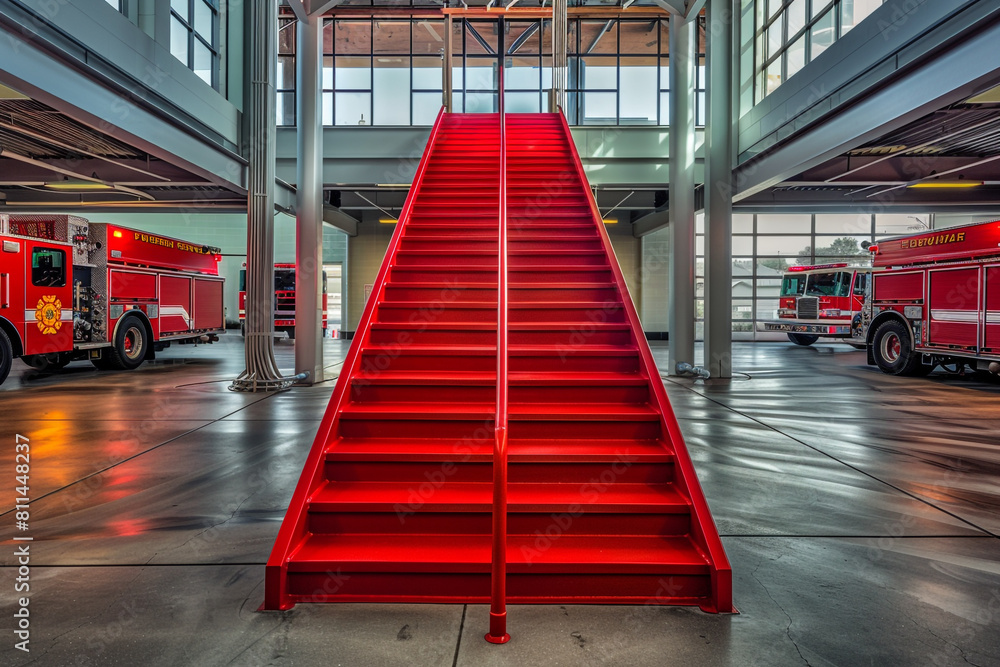 Fire station's red staircase seen from the engine bay with emergency ...