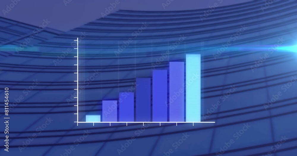 Blue Bar Graph With Rising Values Against A Curved Grid Lined Backdrop Stock Illustration