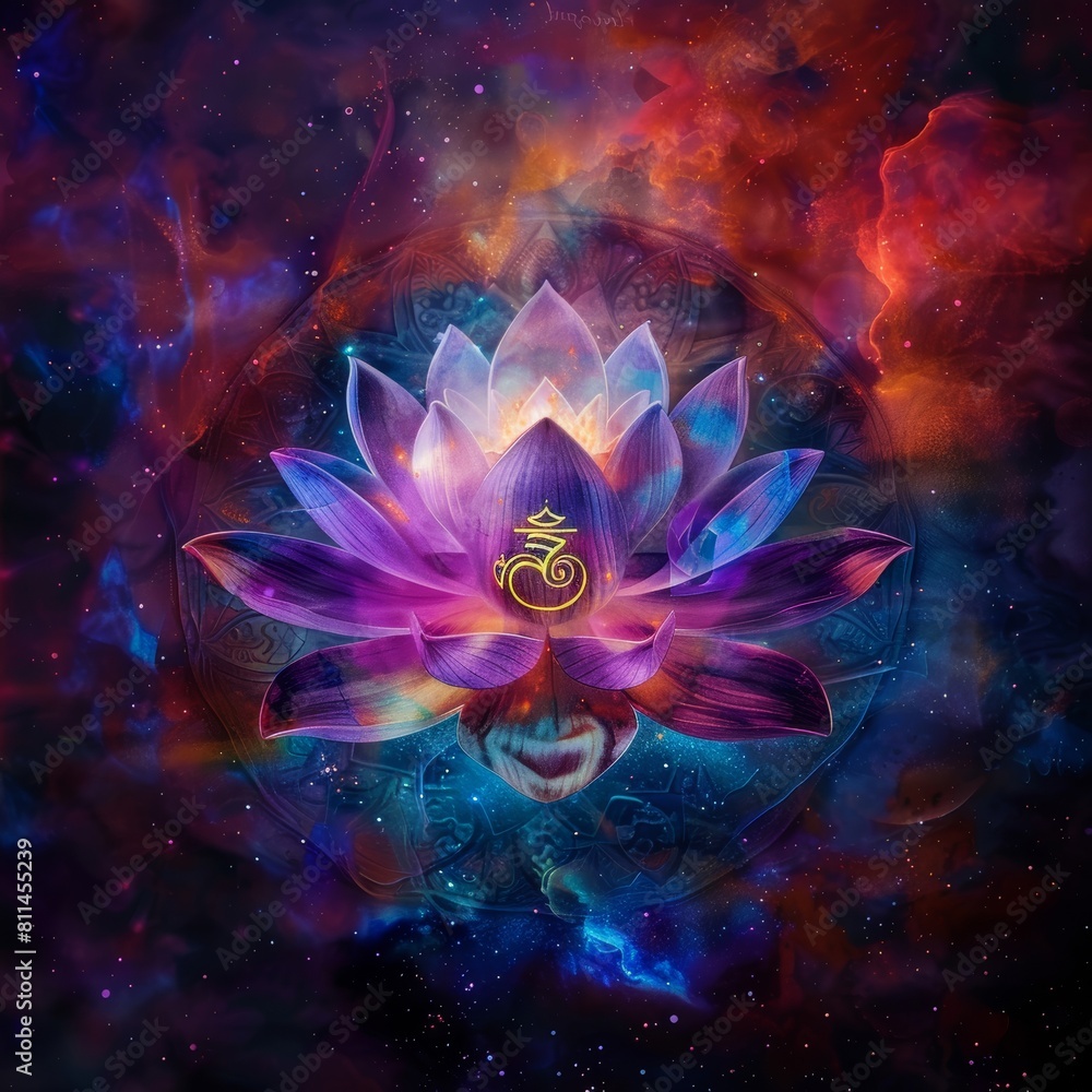 Hindu lotus flower with the crown chakra symbol floating in the ...