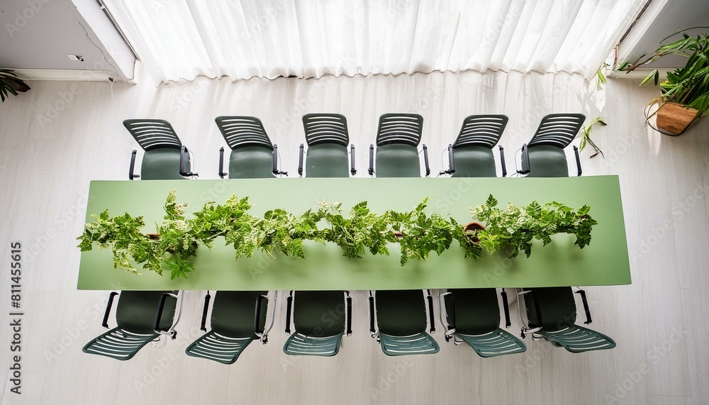 Top view of a modern conference room with a long table, chairs and ...