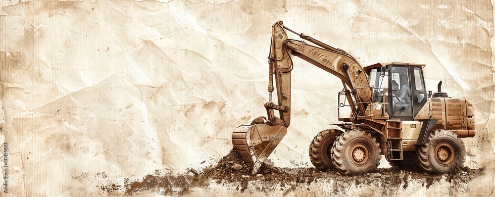 Vintage style rendering of a backhoe loader, sepia tones and ...