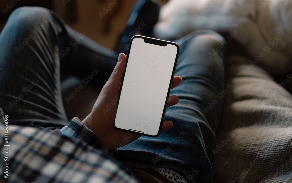 Mockup of a blank iPhone screen sitting on the lap, top view of a hand ...