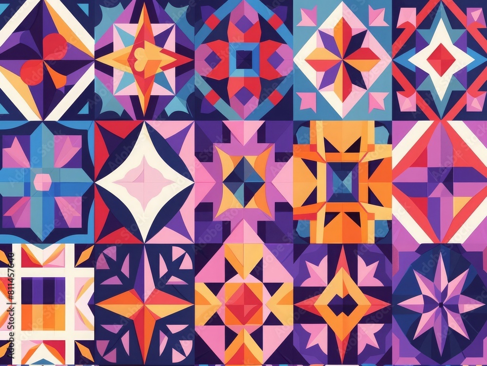 Geometric quilting patterns flat design front view craft detailing theme animation ...