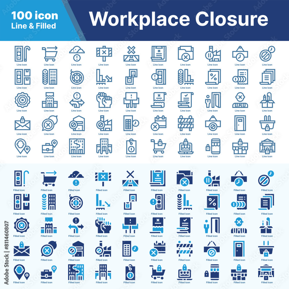 Workplace closure line and fill icon pack. Workplace closure line and ...