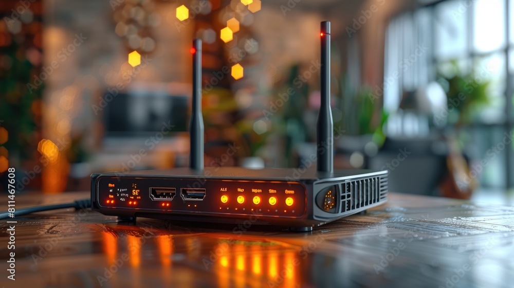 Black wireless router with glowing orange indicator lights sitting on a ...