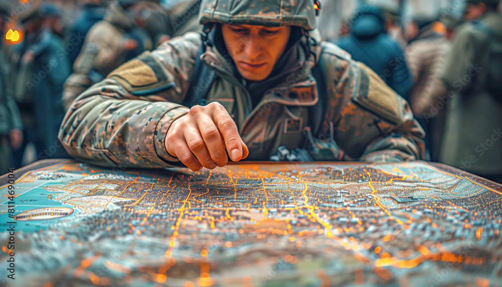 Military man looking at the map to create a defense strategy. Military ...