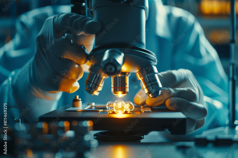 Close-up of a scientist adjusting a microscope to observe CRISPR-Cas9 ...