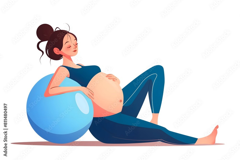 Vibrant Cartoon Illustration of a Pregnant Woman Leaning on a Fitness ...