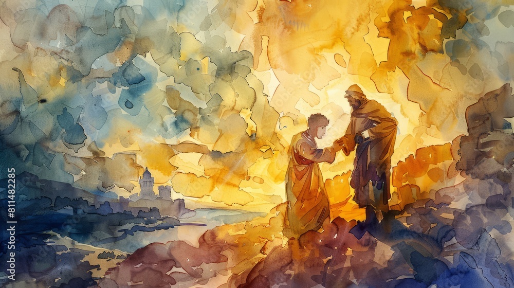 Parable of the Prodigal Son with the father welcoming his wayward son ...